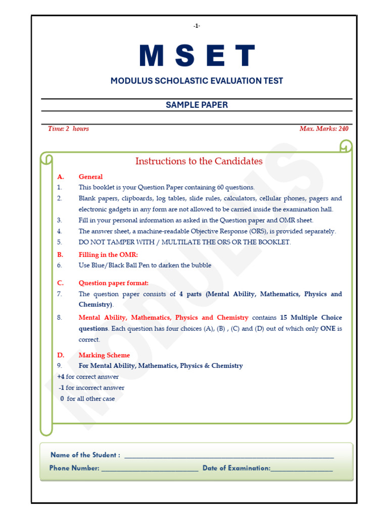 modulus MSET MDP ADM QUESTION PAPER | PDF | Chemistry | Physical Sciences modulus MSET MDP ADM QUESTION PAPER | PDF | Chemistry | Physical Sciences