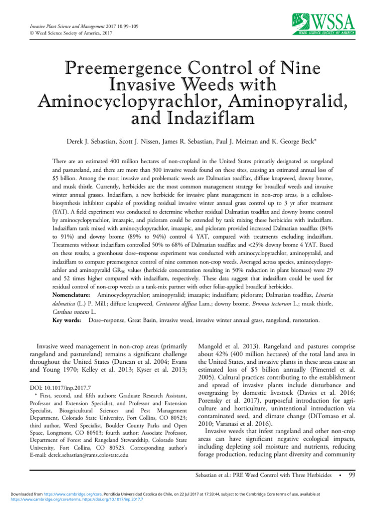 Preemergence Control of Nine Invasive Weeds With Aminocyclopyrachlor ...