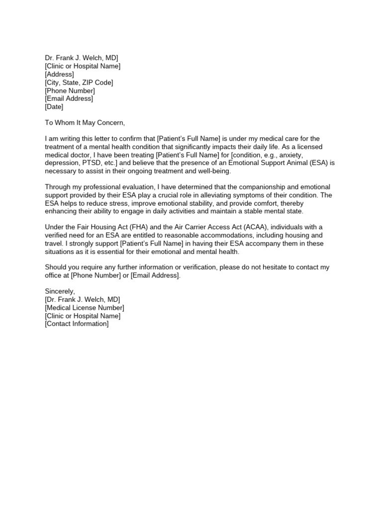 ESA Letter from Dr. Frank J. Welch, MD | PDF