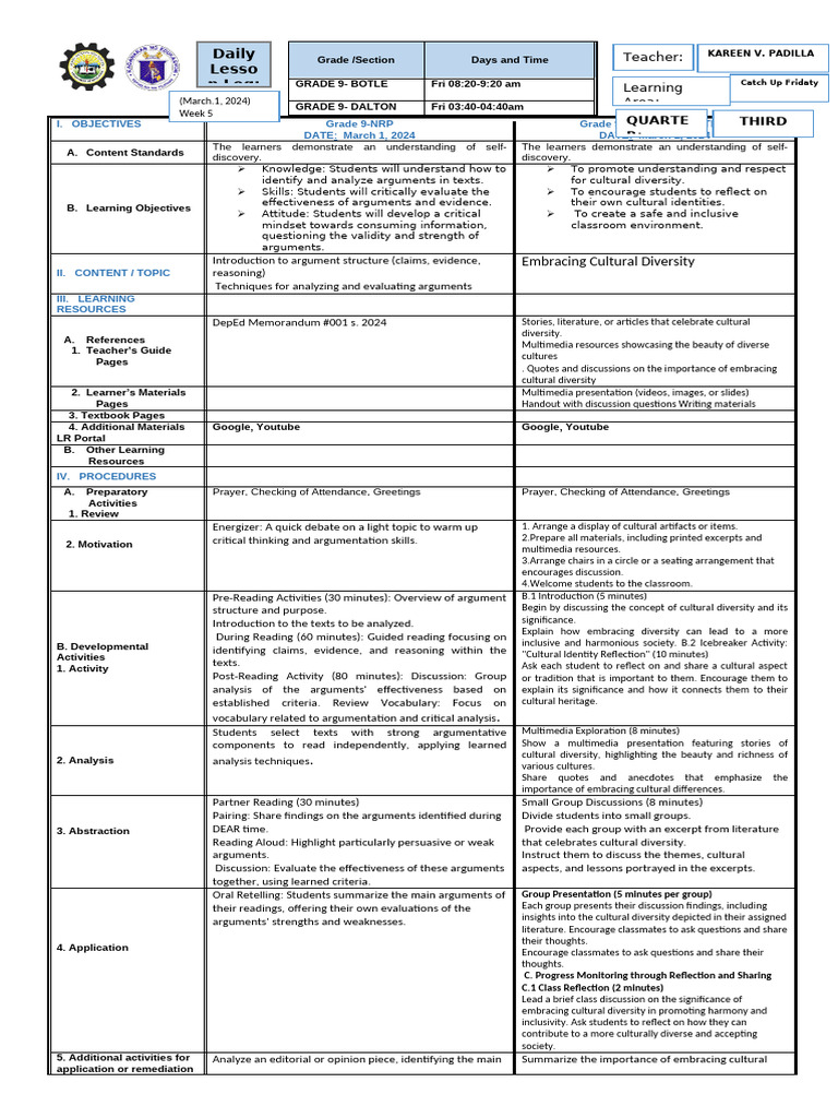 Catch Up DLL MARCH 12024 | PDF | Learning | Critical Thinking