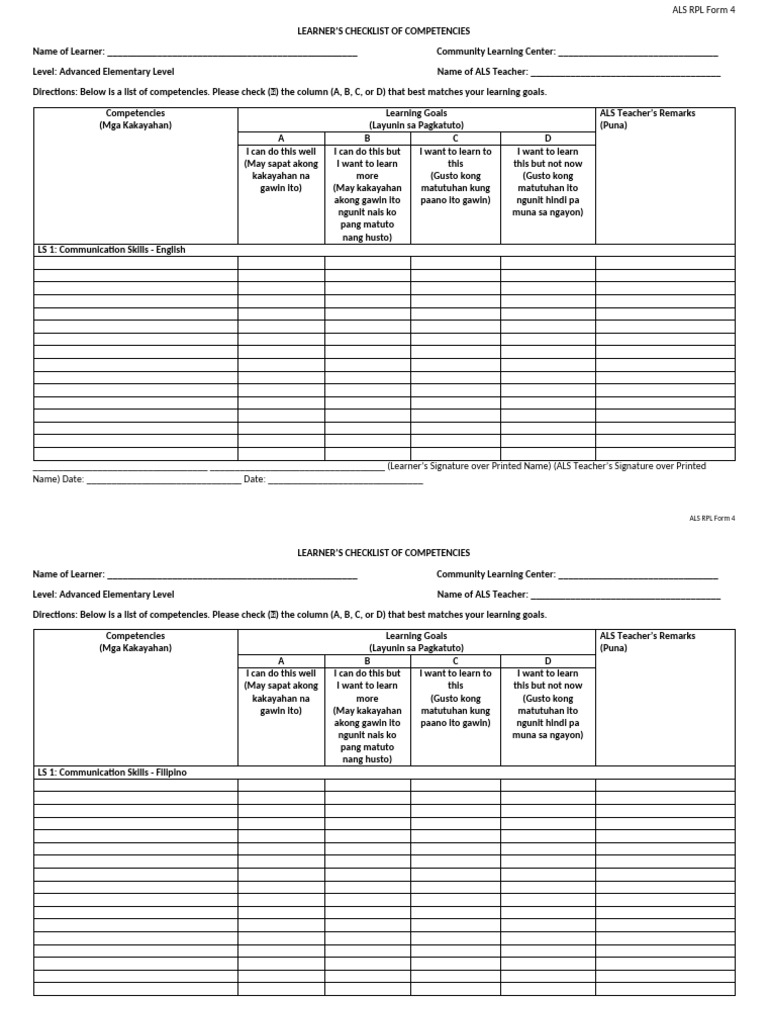 single ALS RPL Form 4 | PDF | Learning | Cognition