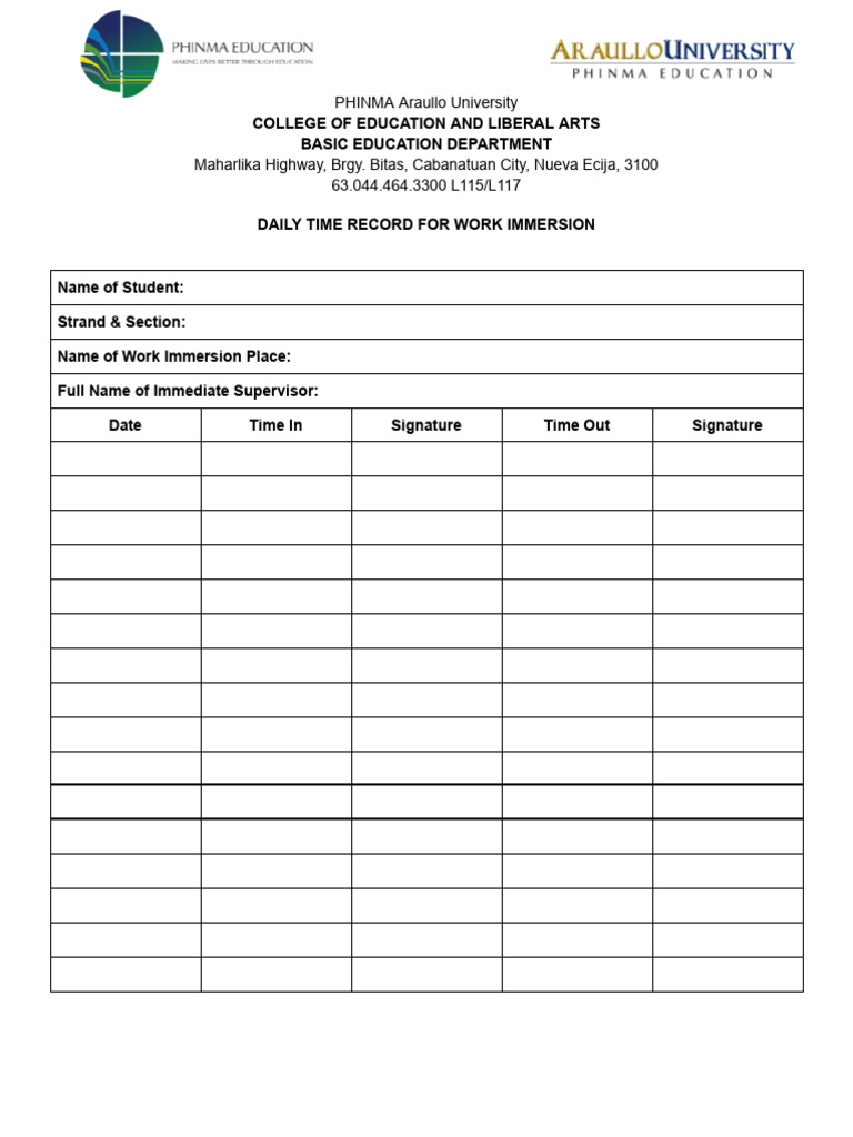 Daily Time Record (DTR) - Work Immersion | PDF