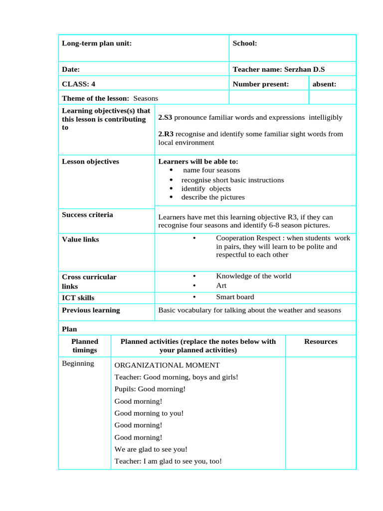 ESL Lesson Plan: Seasons for Kids | PDF | Learning | Leaf