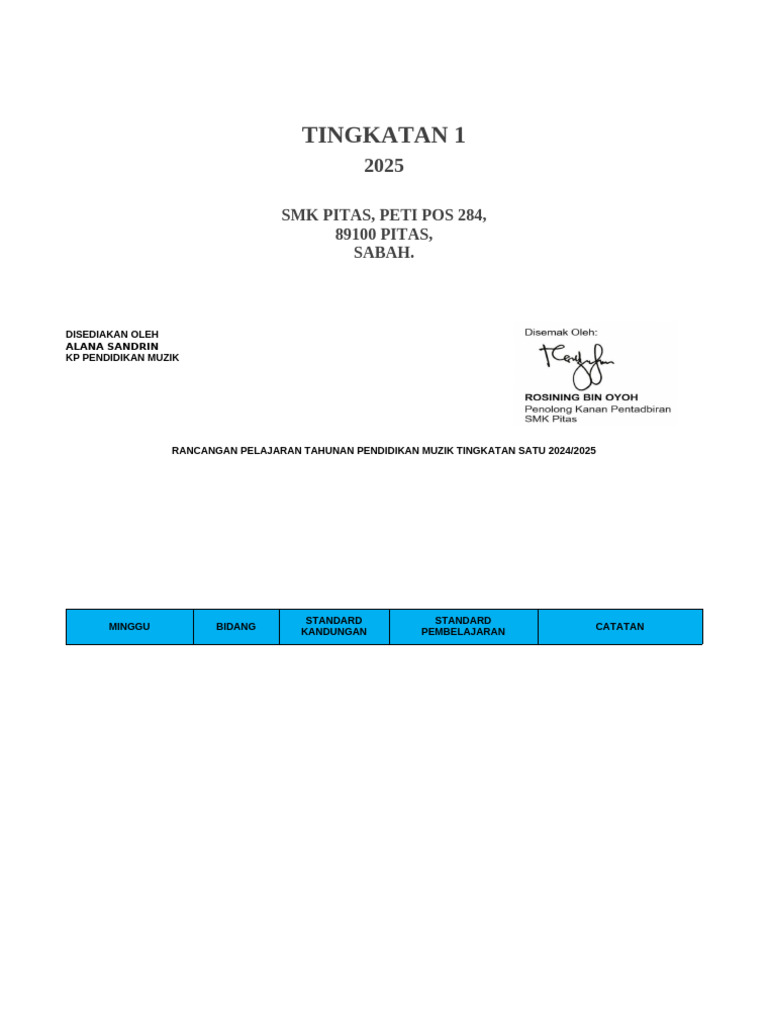 RPT Pendidikan Muzik Tingkatan 1 2025 | PDF