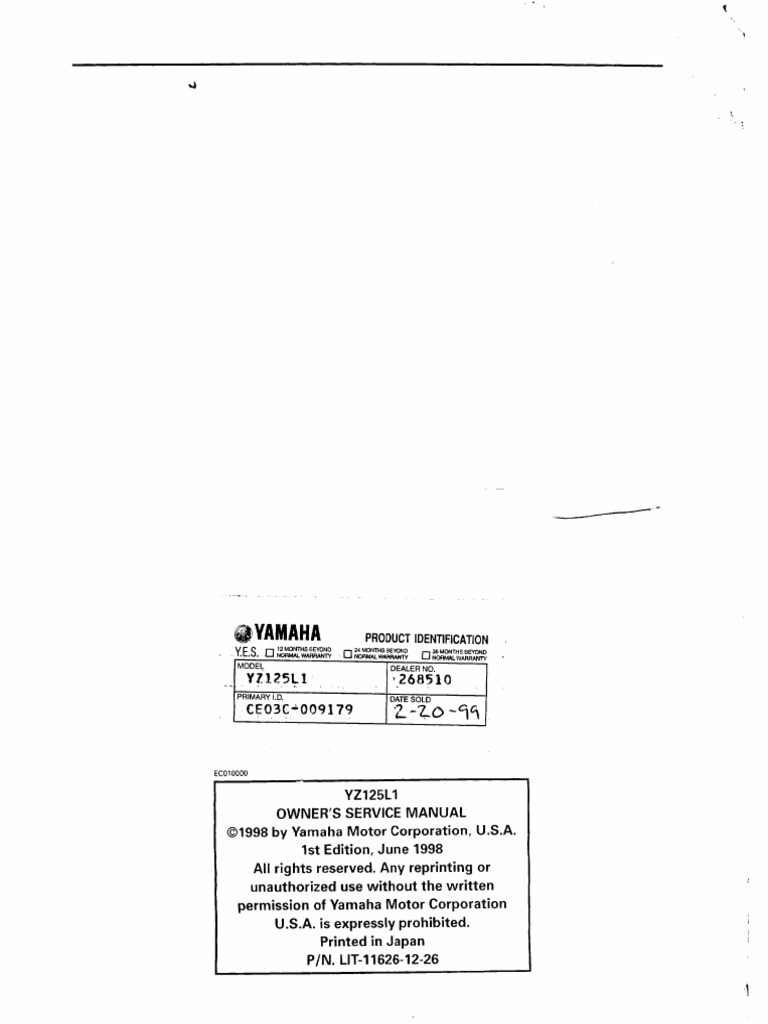 Yamaha YZ125 Workshop Manual 97-98 | PDF