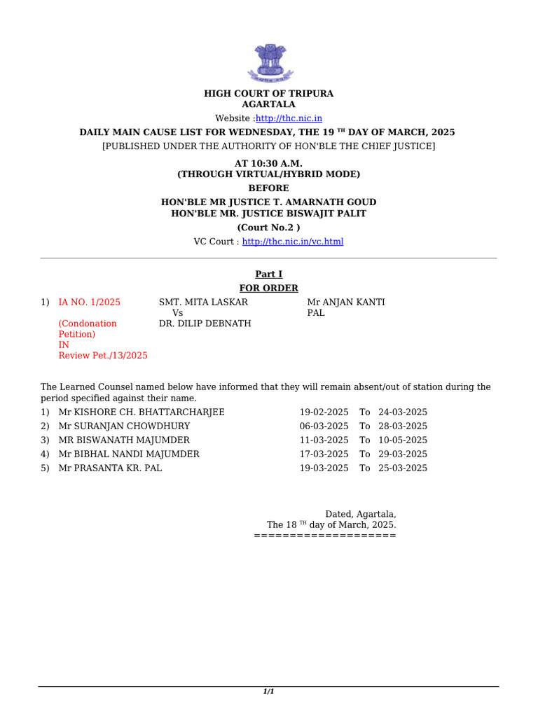 Tripura High Court Daily Cause List | PDF