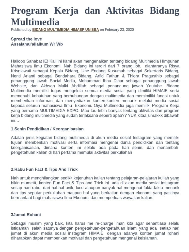 Program Kerja Dan Aktivitas Bidang Multimedia | PDF