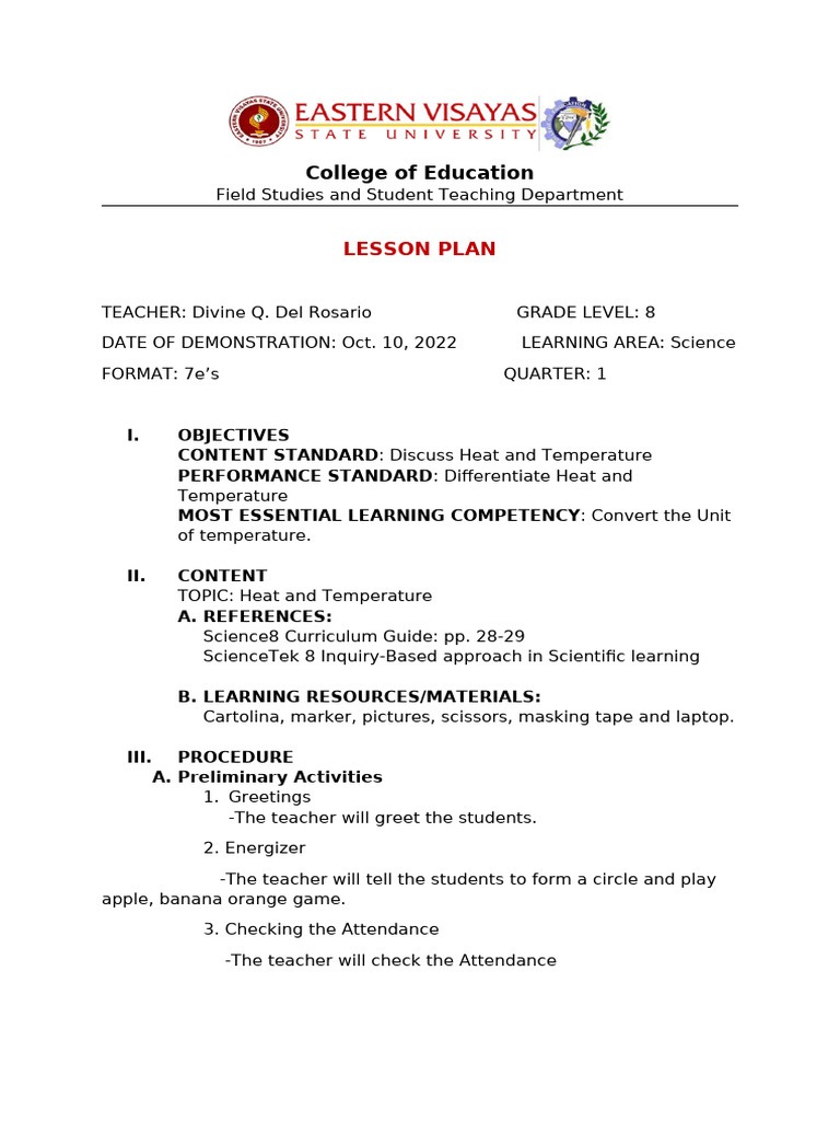 Divine's Lesson Plan in Heat and Temperature | PDF | Temperature ...