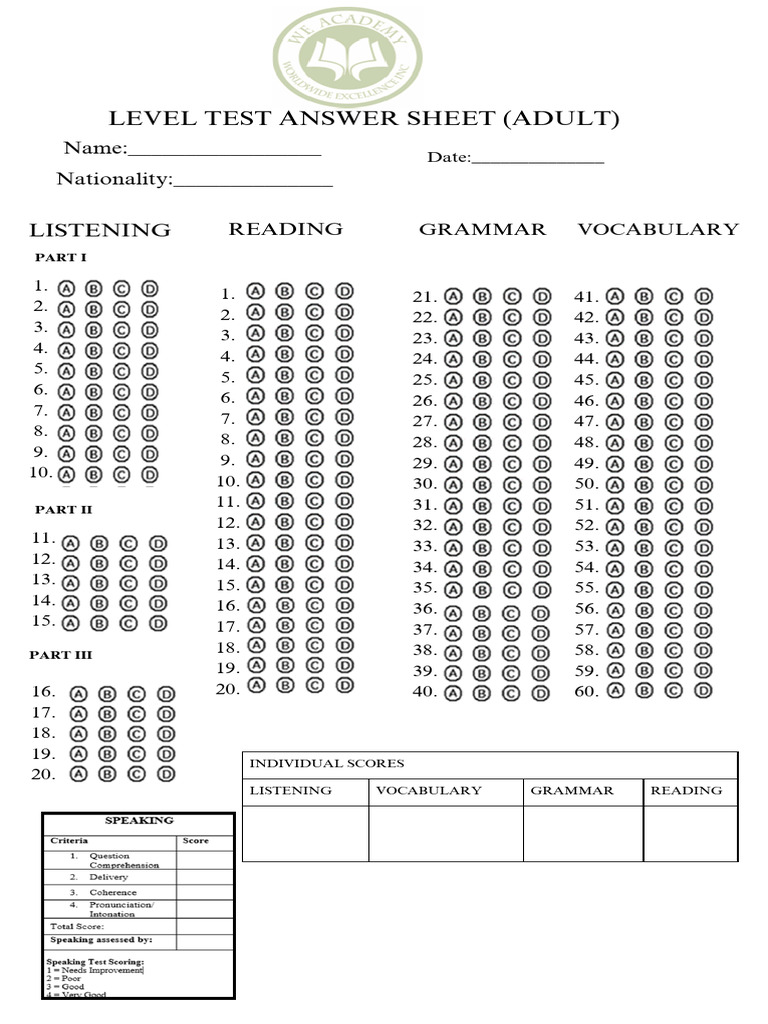 Level Test Answer Sheet (Adult) | PDF