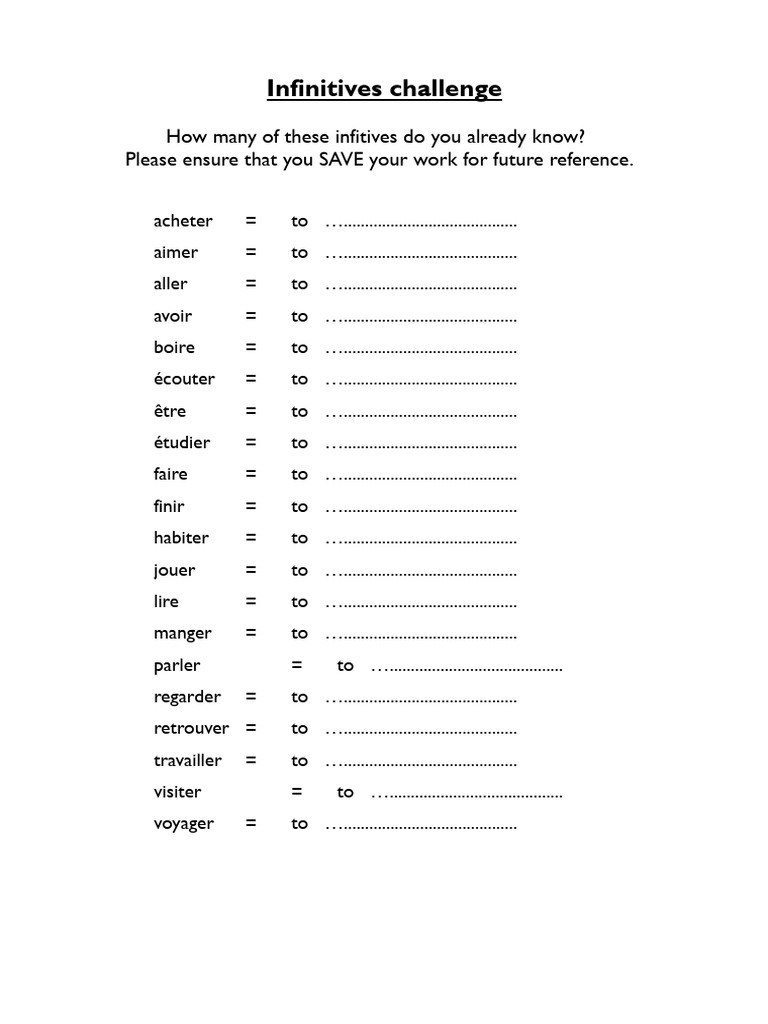 French Infinitives Challenge List | PDF