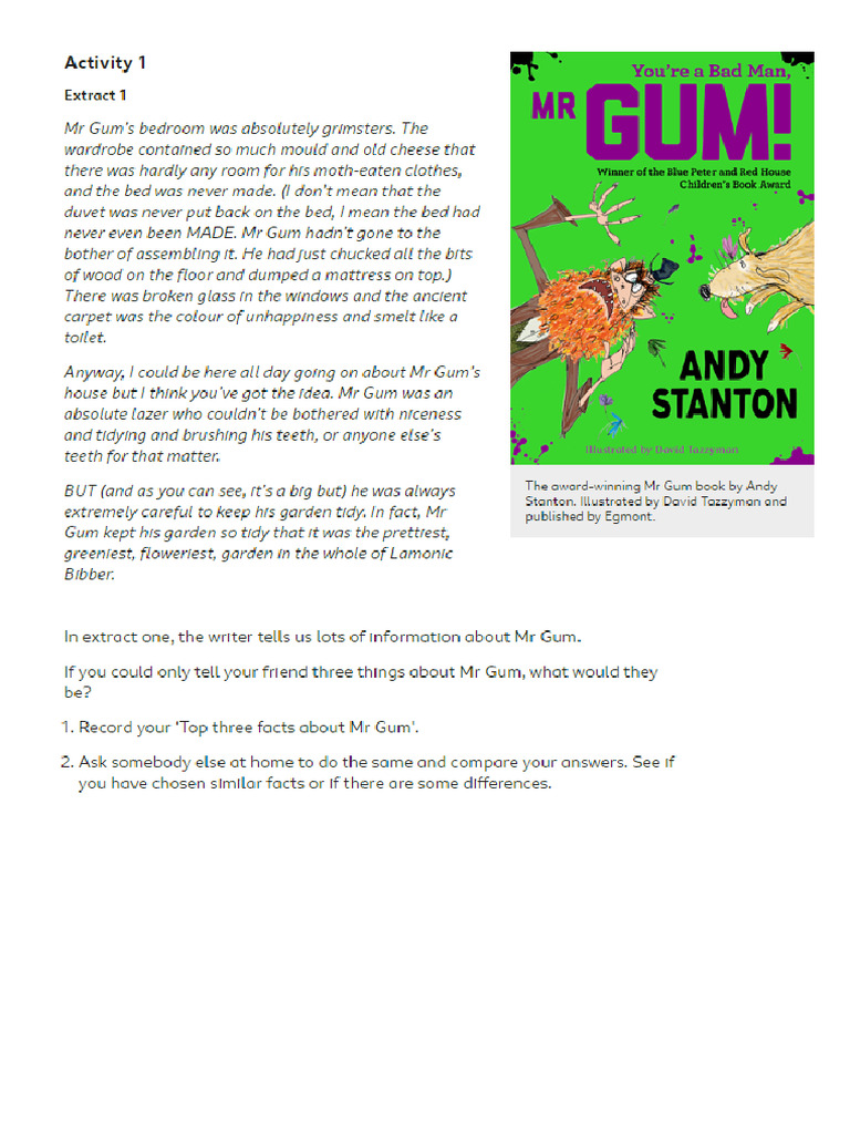 Year 3 You Re A Bad Man MR Gum Activity 1 | PDF