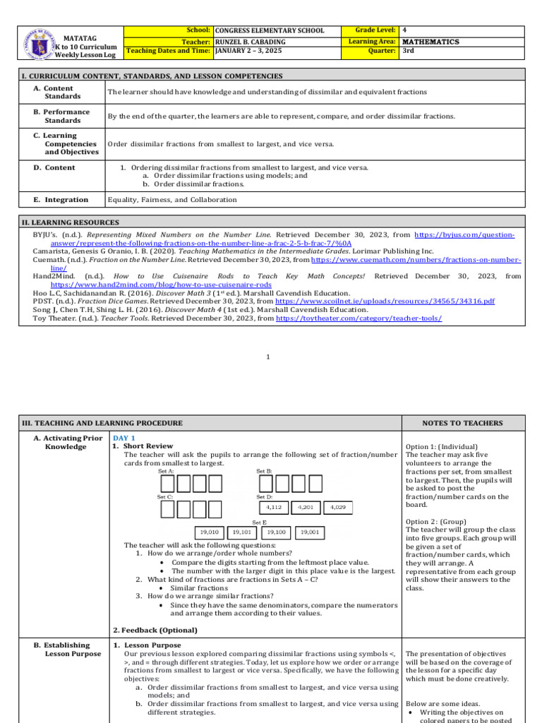 Q3W4 MATHEMATICS IV MATATAG LP | PDF | Arithmetic | Learning