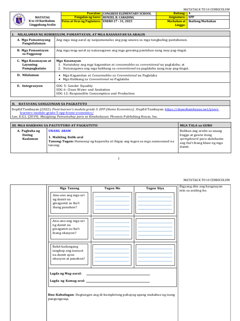Q3W6 Epp Iv Matatag LP | PDF