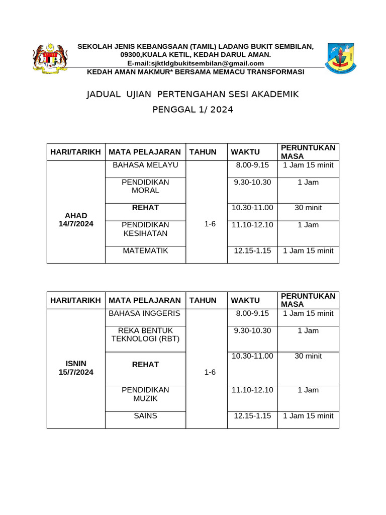 Jadual Peperiksaan Penggal 1 | PDF