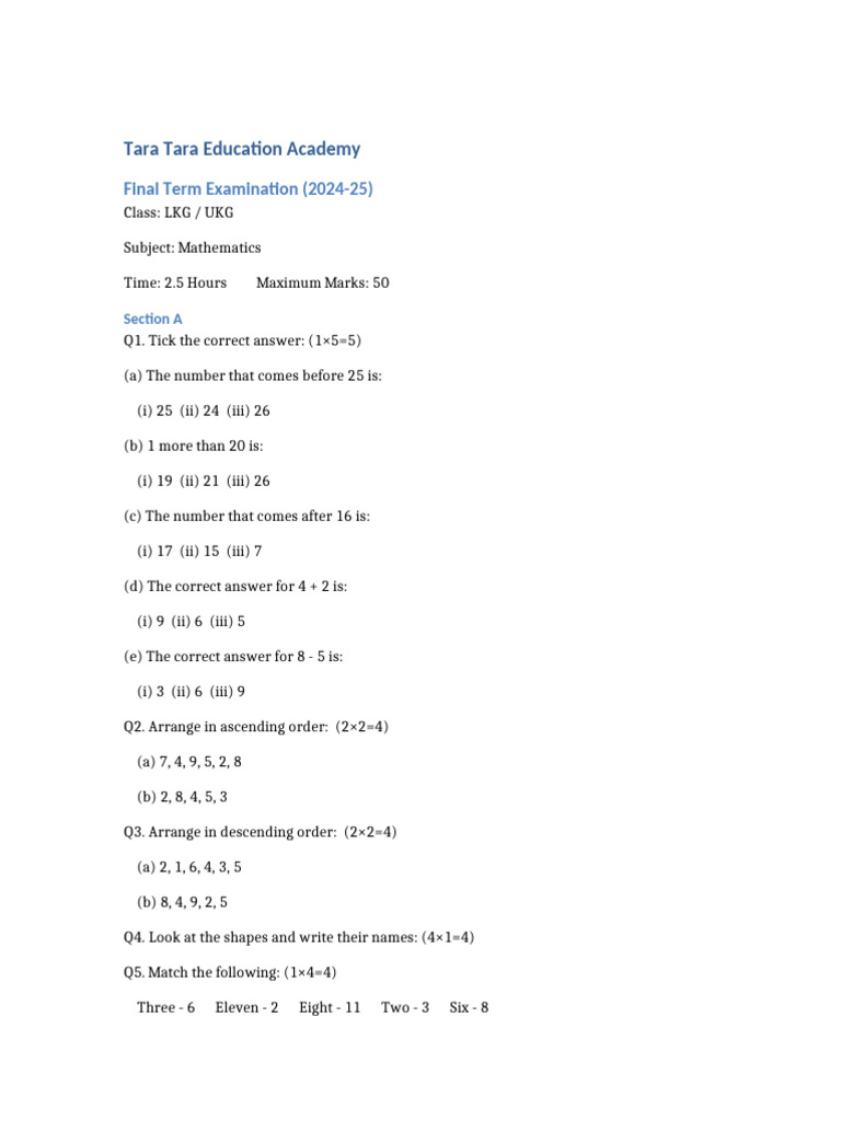 LKG/UKG Maths Exam Paper 2024-25 | PDF
