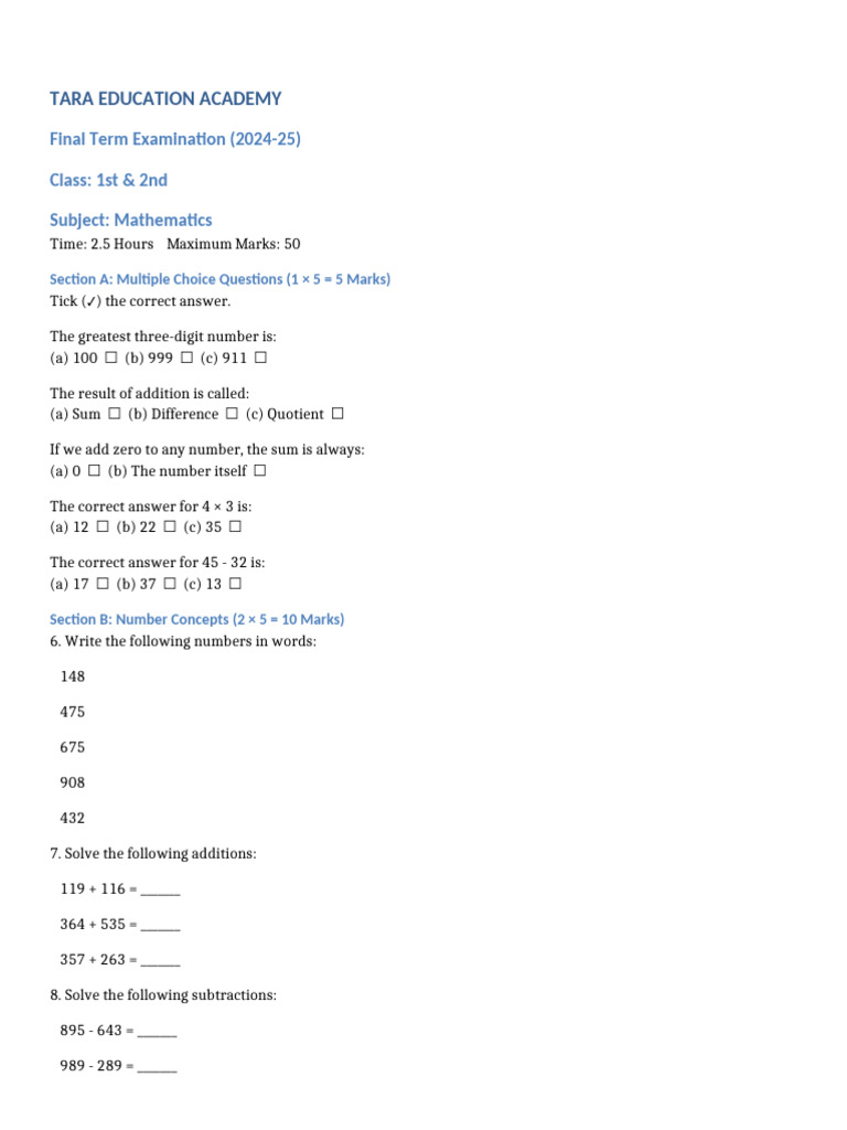 Final_Term_Exam_Math_Class1_2 | PDF