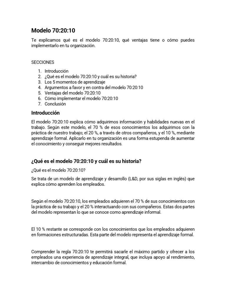 Implementación del modelo 70:20:10 | PDF | Aprendizaje | Cognición