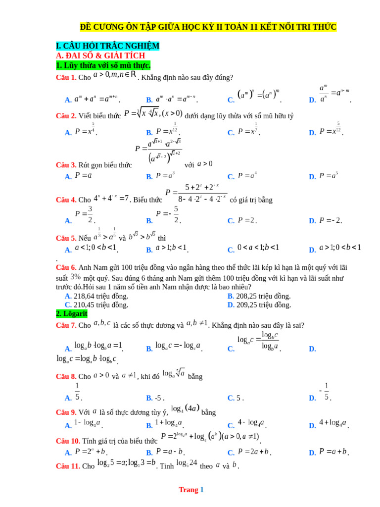 De-cuong-on-tap-giua-HK2-Toan-11-Ket-noi-tri-thuc | PDF