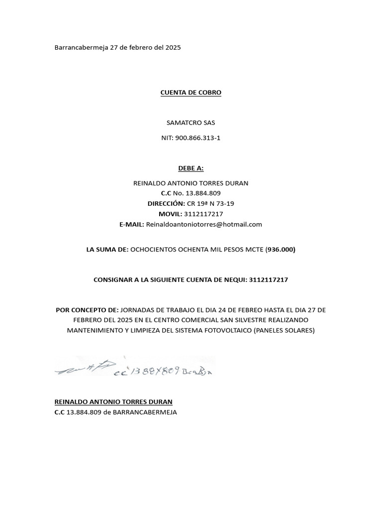 Cuenta de Cobro Reinaldo Torres | PDF
