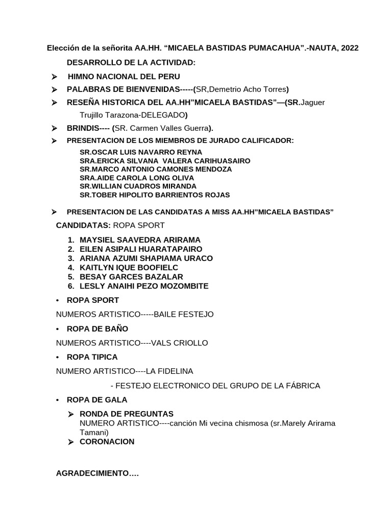 Elección Miss AA.HH. Micaela Bastidas 2022 | PDF