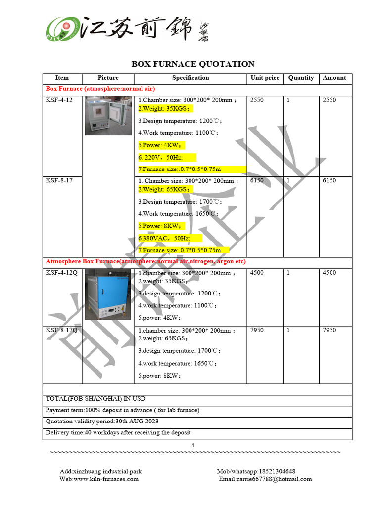 Box Furnace Quotation and Specifications | PDF | Thermocouple ...