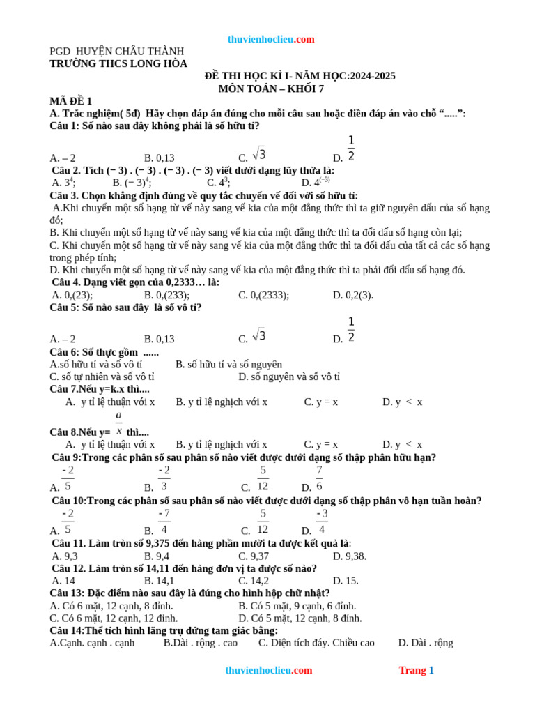 Thuvienhoclieu.com Bo de Kiem Tra Cuoi HK1 Toan 7 Canh Dieu 24 25 | PDF