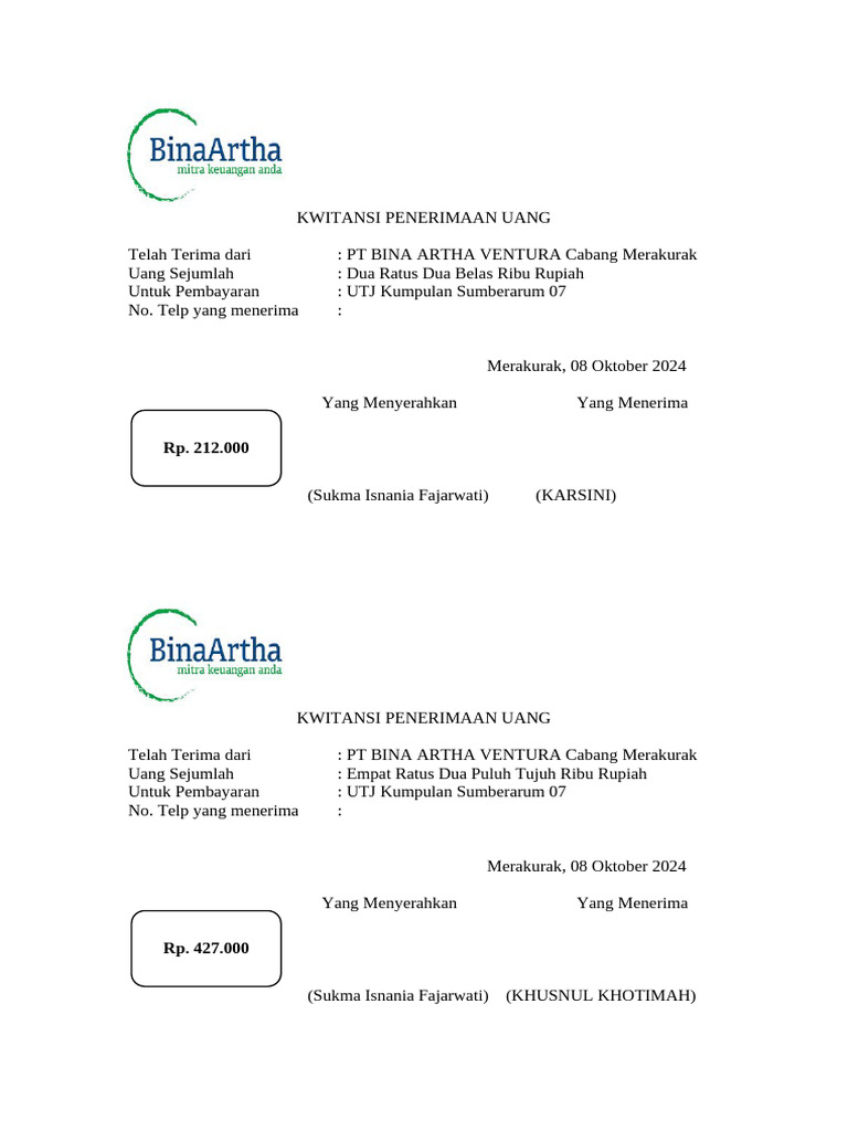 Kwitansi Penerimaan Utj | PDF