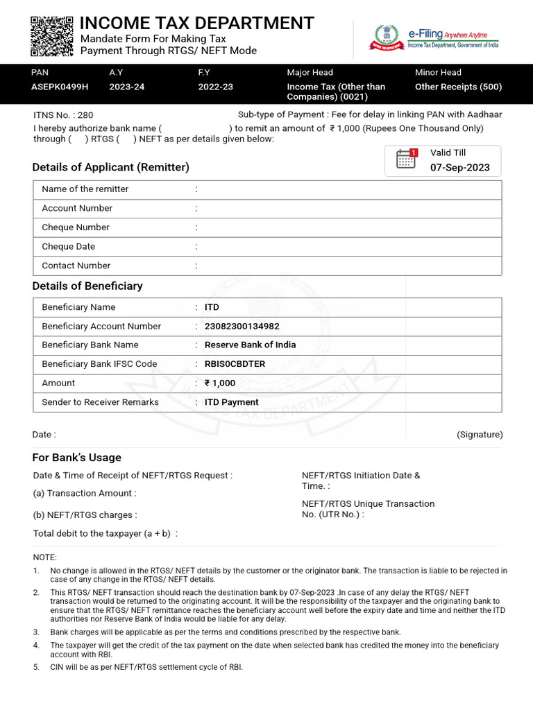 Income Tax RTGS/NEFT Payment Mandate | PDF | Banking Technology | Financial Services