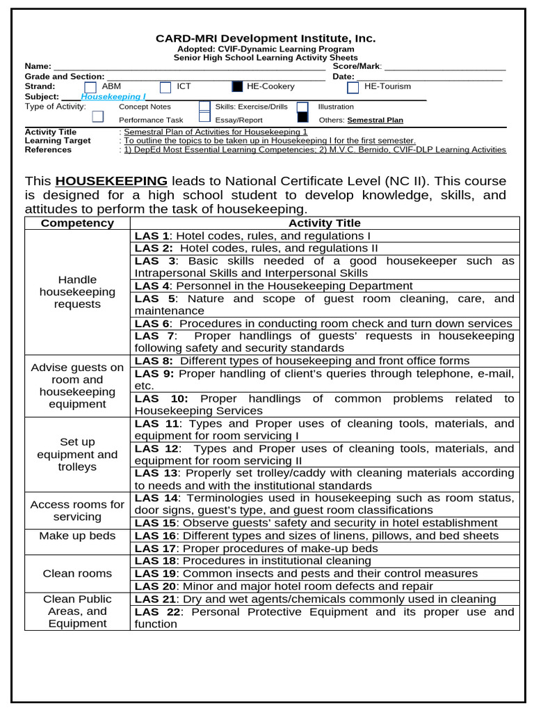 Housekeeping 1 - Semestral Plan | PDF | Housekeeping