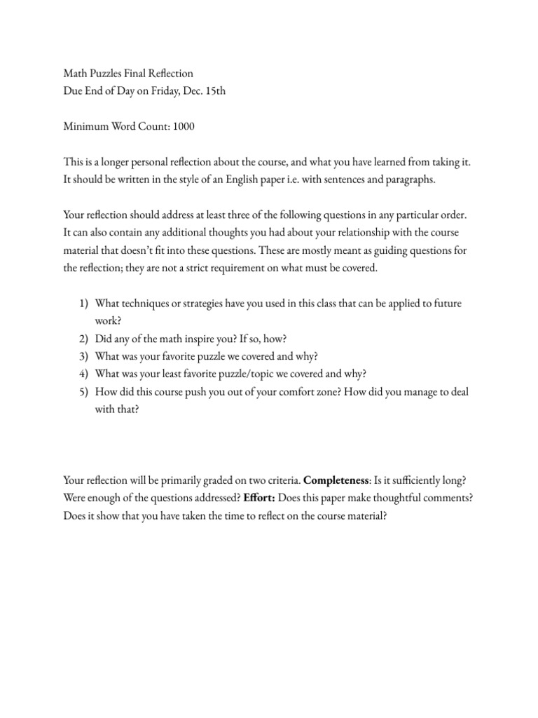 Math Puzzles Final Reflection | PDF