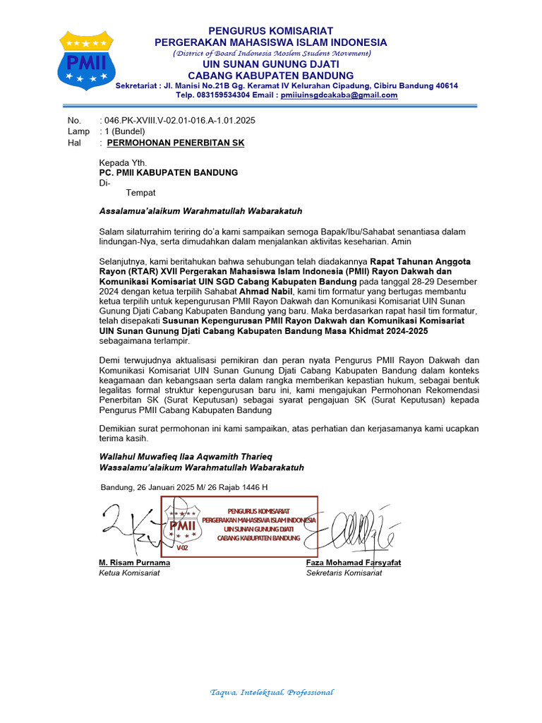 Permohonan Penerbitan SK PMII Bandung | PDF