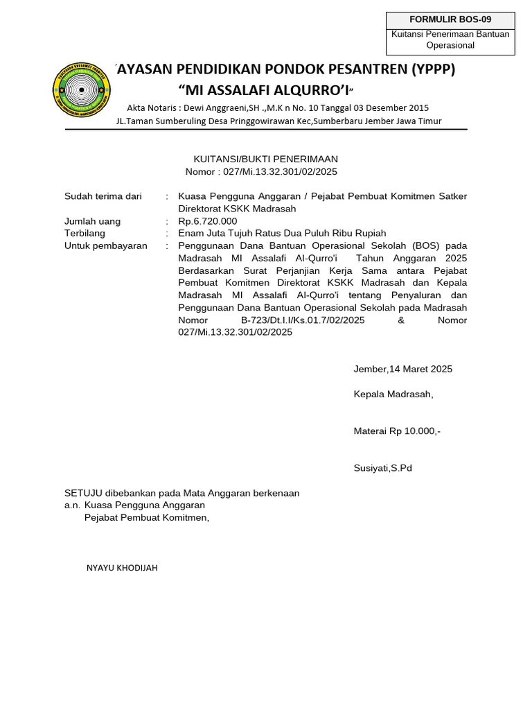 BOS 09 - Kuitansi Penerimaan BOS 2025 | PDF