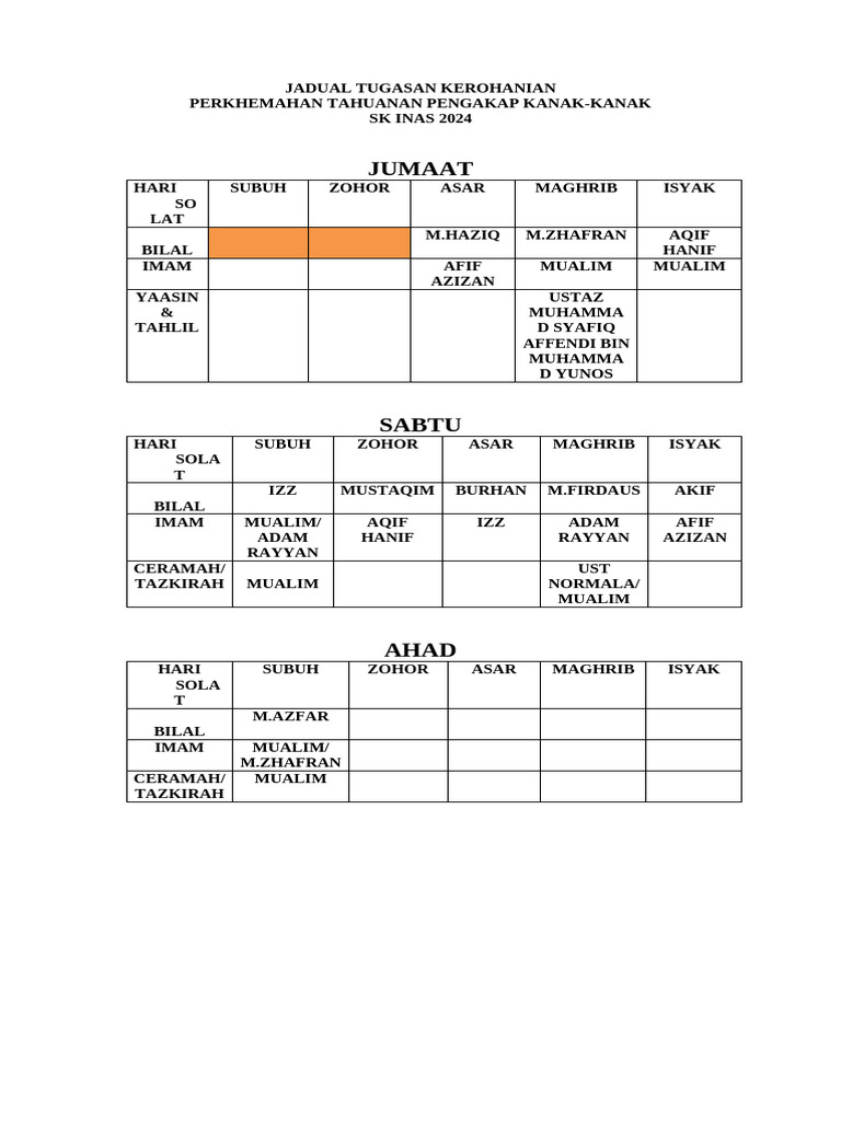 Jadual Tugasan Kerohanian | PDF