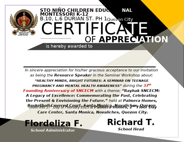 Certificate of Appreciation for Seminar | PDF