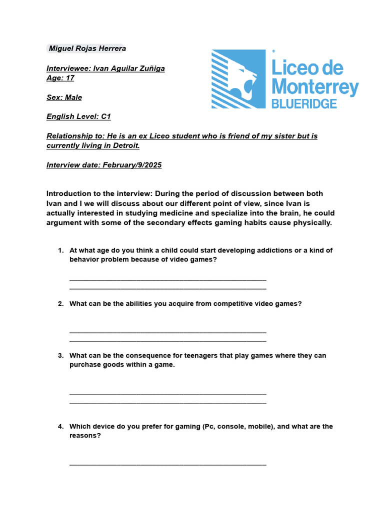 Interview on Video Game Impact | PDF | Video Games | Adolescence
