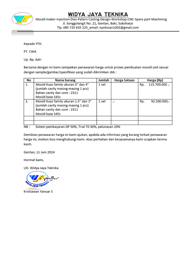 Lembar Penawaran Harga Mould Kuas Widya Jaya Teknika | PDF