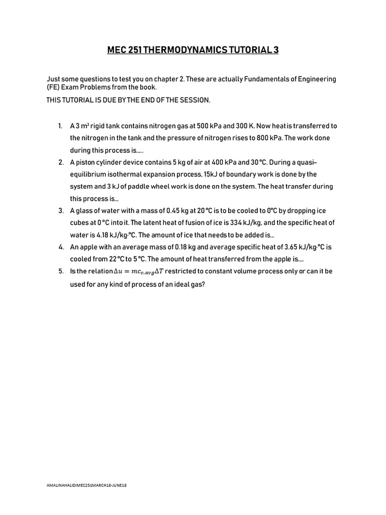 Mec 251 Thermodynamics Tutorial 3 | PDF