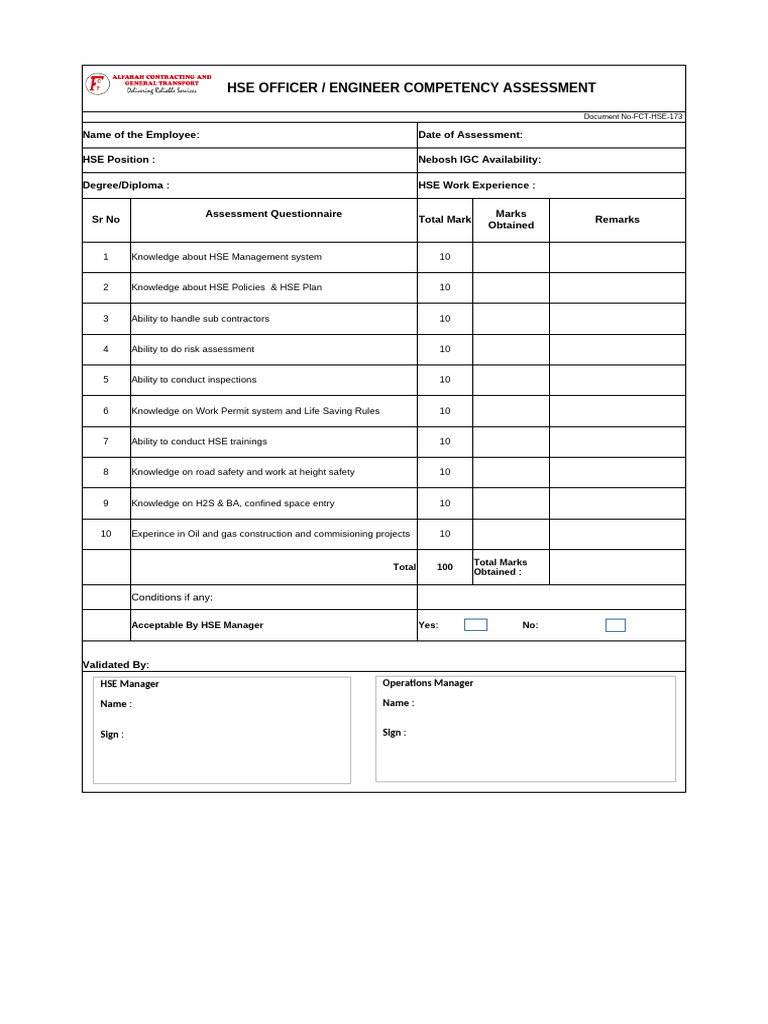 177 FCT-HSE-177 Operator Competency Assessment | PDF | Safety
