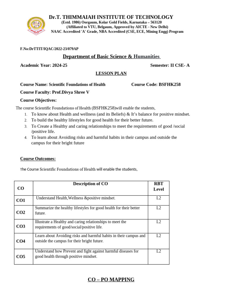 Updated LESSON PLAN 2024-25 SFH 2nd CSE-A | PDF | Health Care | Mental Health