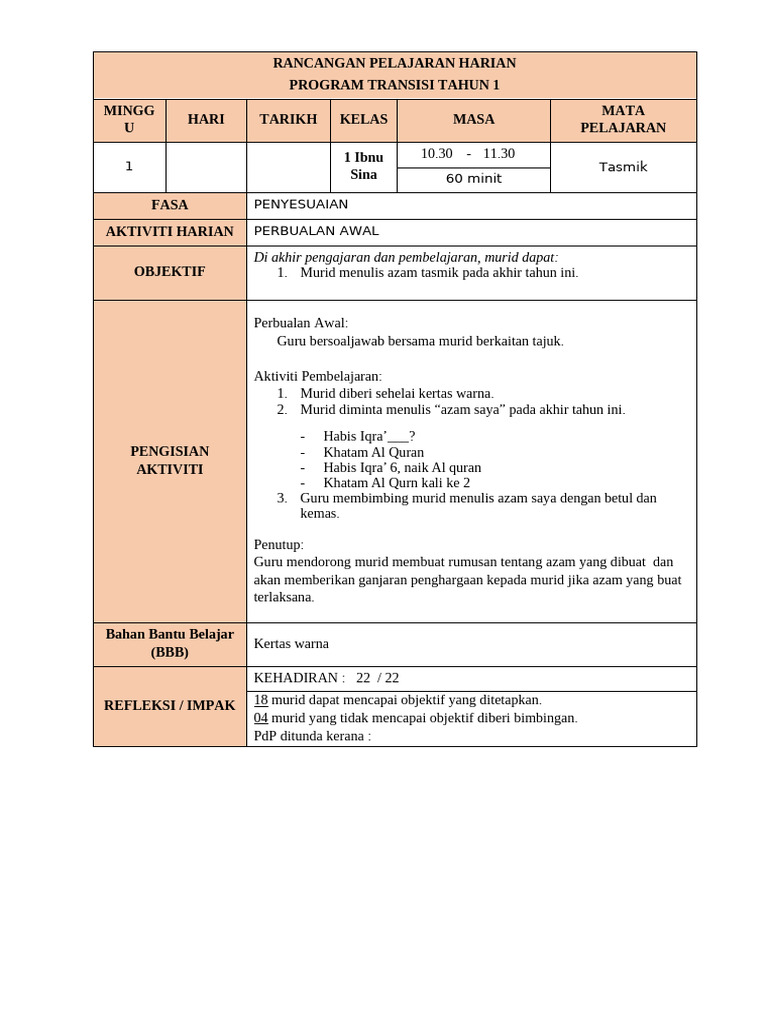 RPH Tasmik Tahun 1: Aktiviti dan Objektif | PDF