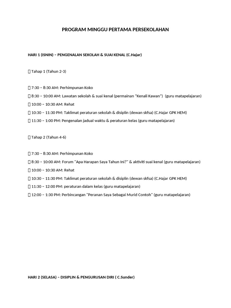 Program Minggu Pertama Persekolahan Jadual | PDF