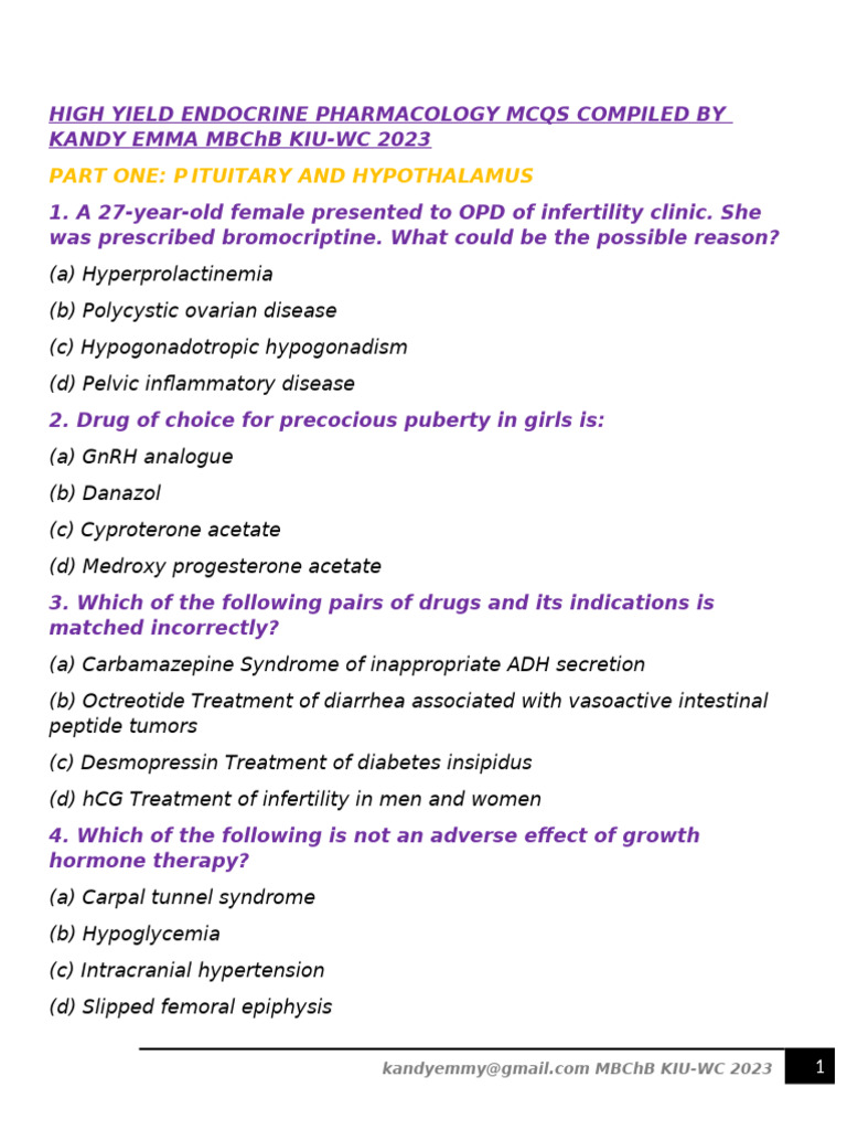 HIGH YIELD ENDOCRINE PHARMACOLOGY MCQS COMPILED BY KANDY EMMA MBChB KIU | PDF | Corticosteroid ...