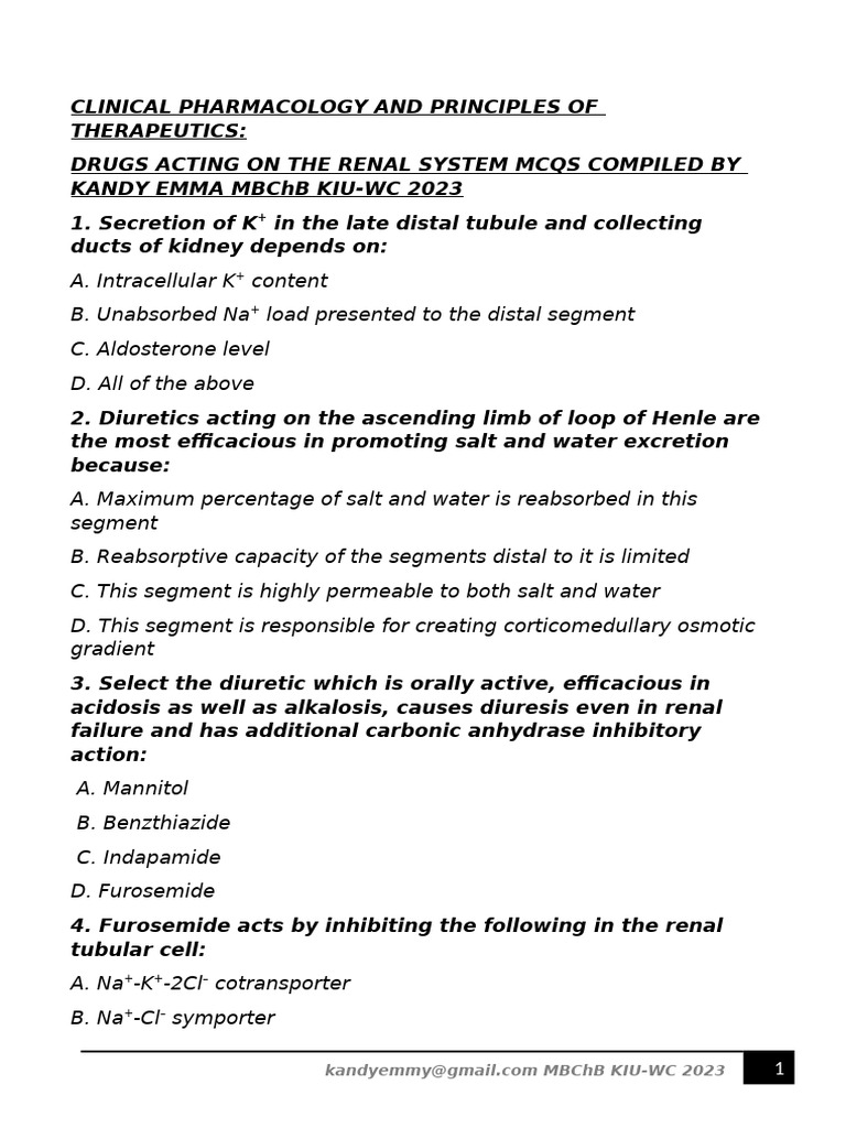 Renal Pharmacology MCQS Compilations by Kandy Emma 2022 | PDF