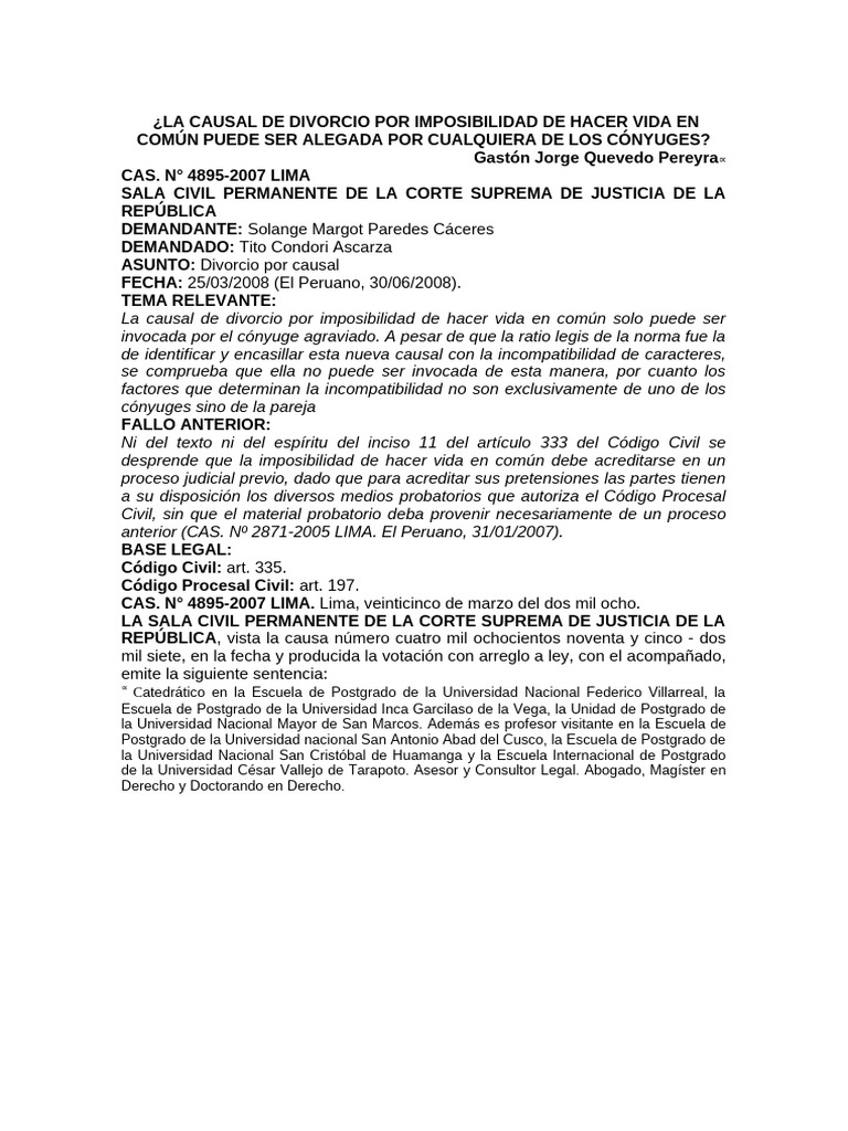 La Causal de Divorcio Por Imposibilidad de Hacer Vida en Común Puede Ser Alegada Por Cualquiera ...