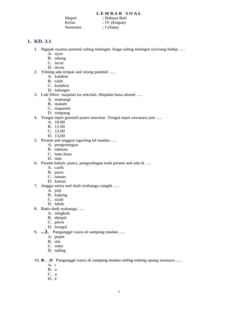 Soal PAS Semester I Kelas 4 | PDF