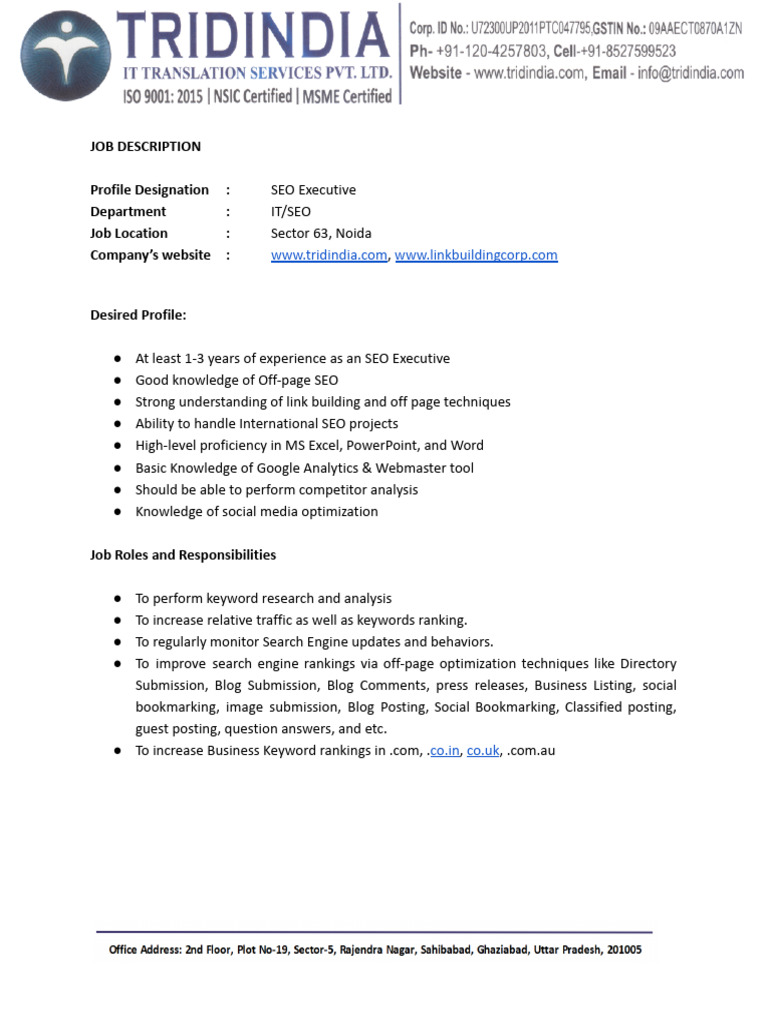 Junior SEO Executive Job Description | PDF