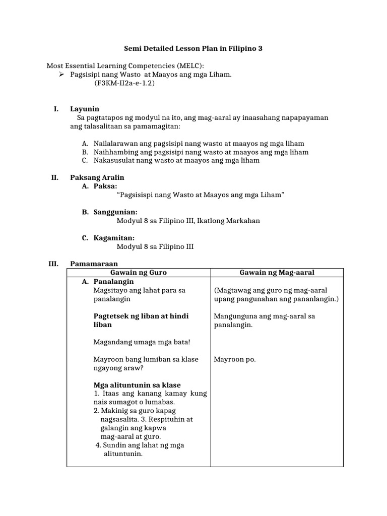 Semi Detailed Lesson Plan in Filipino 3 | PDF