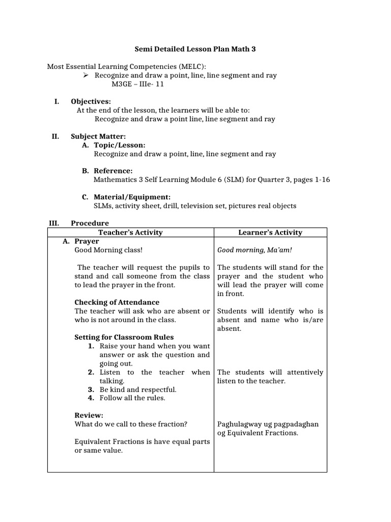 Semi Detailed Lesson Plan Math 3 | PDF | Perpendicular | Lesson Plan