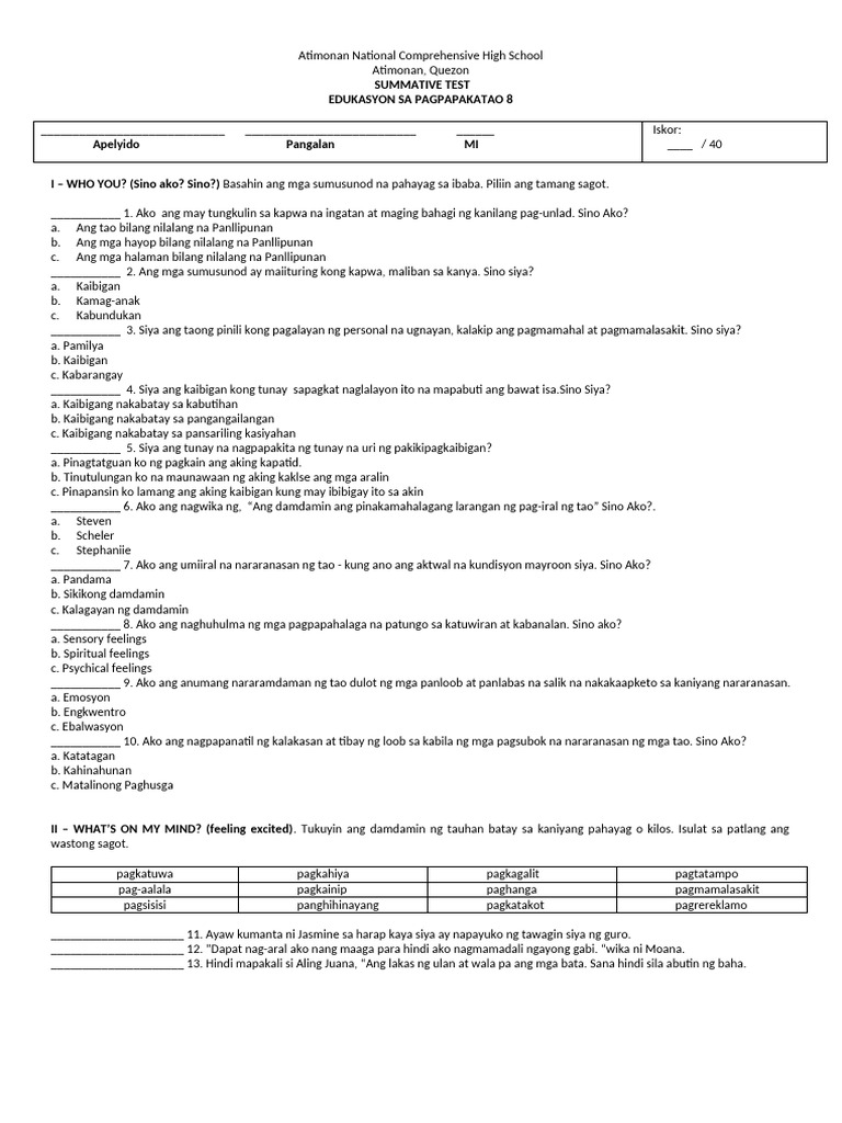 Grade 8 EsP 2nd Grading Summative Test | PDF