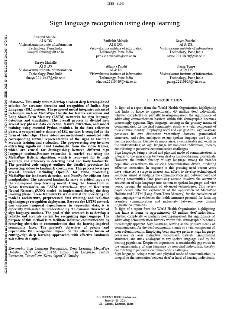 Deep Learning for Indian Sign Language Recognition | PDF | Deep ...